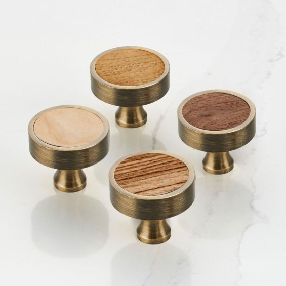 Wood Brass Round Door Knobs in Antique Gold